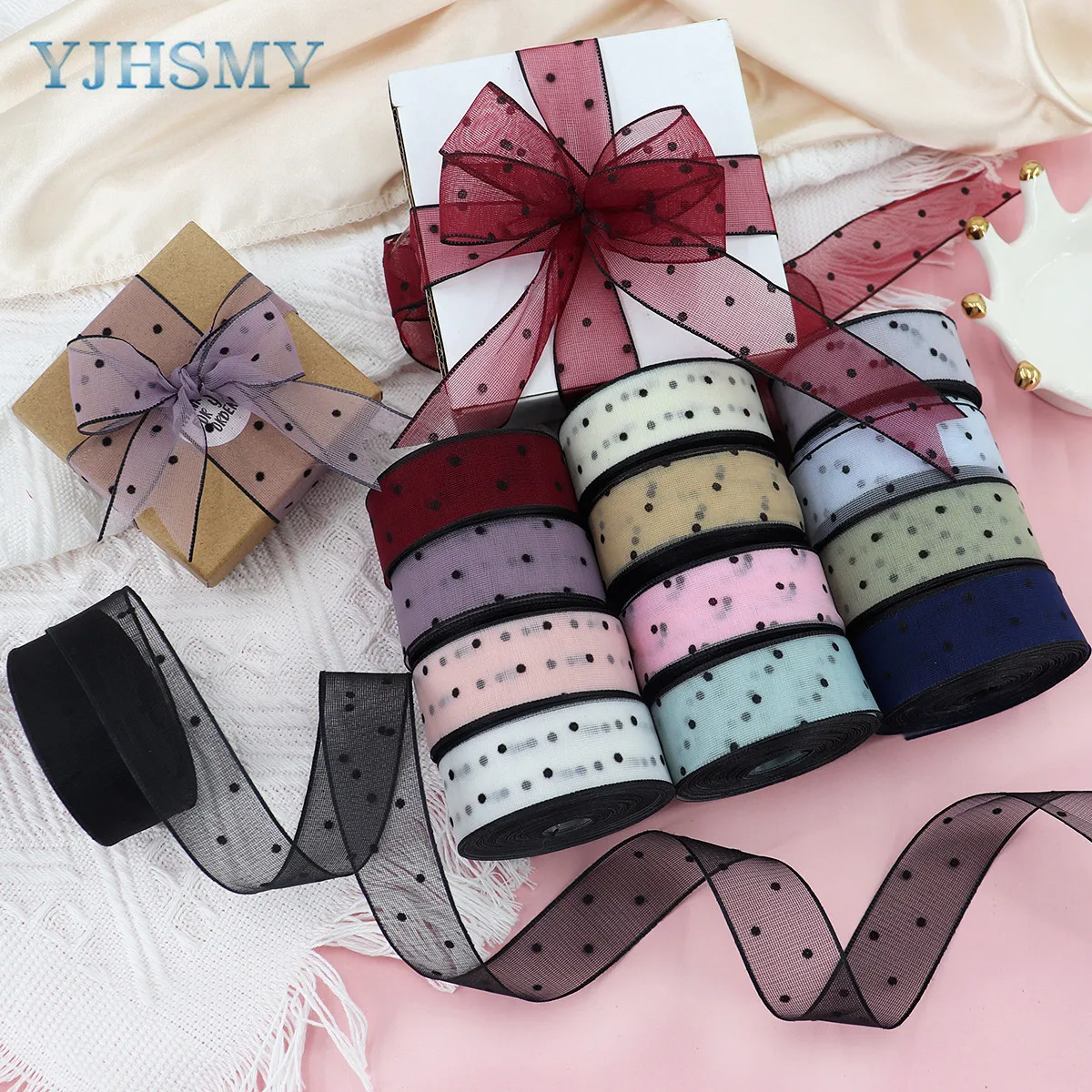 Sheer Chiffon Ribbon Black Velvet Dots Organza Satin Ribbon Transparent ...