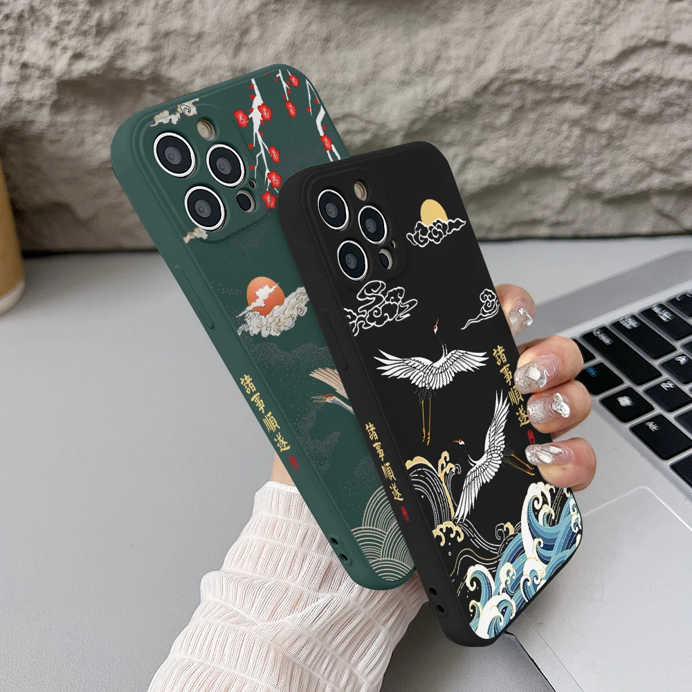 Chinese Style Crane Phone Case for iPhone 16 15 14 Plus 13 12 Mini 11 ...
