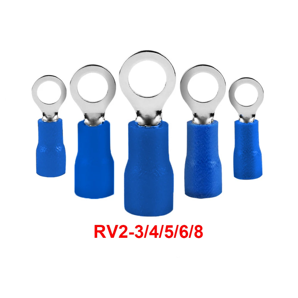 10-100pcs/set Rv2 Insulated Blue Ring Terminals Wire Cable Electrical Crimp Connectors 16-14 Awg ...