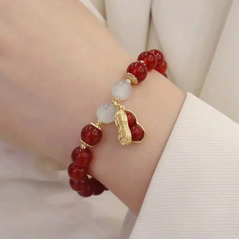 New Year Lucky Beaded Bracelet Elegant Red Beads Peanut Pendant Charm ...