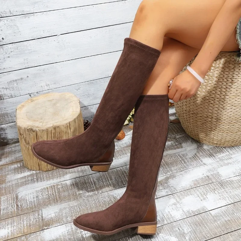 Bottes-longues-au-genou-pour-femmes-Parker-rond-patchwork-simple-marron ...