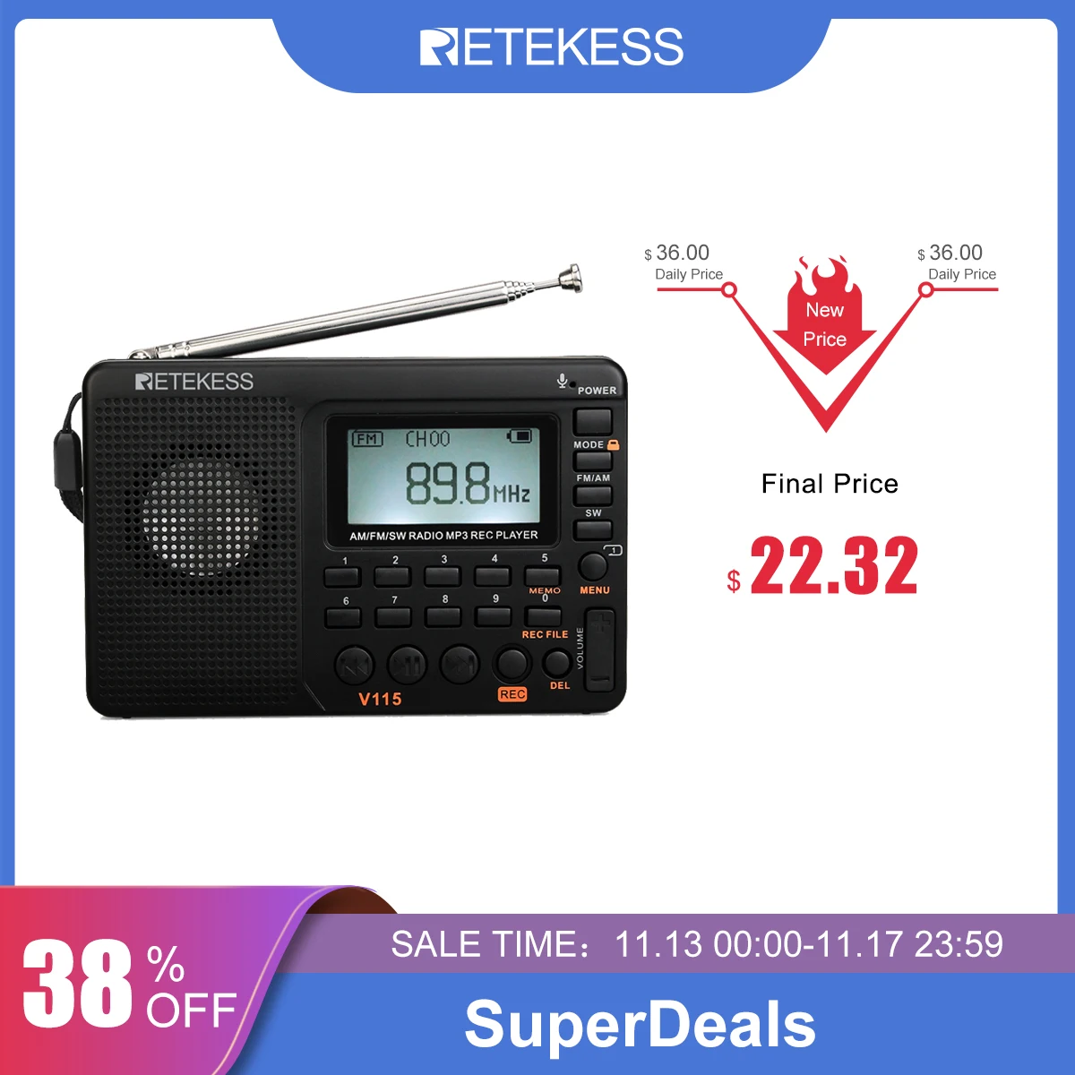 RETEKESS V115 radyo FM AM SW taşınabilir radyolar AM FM şarj edilebilir ...