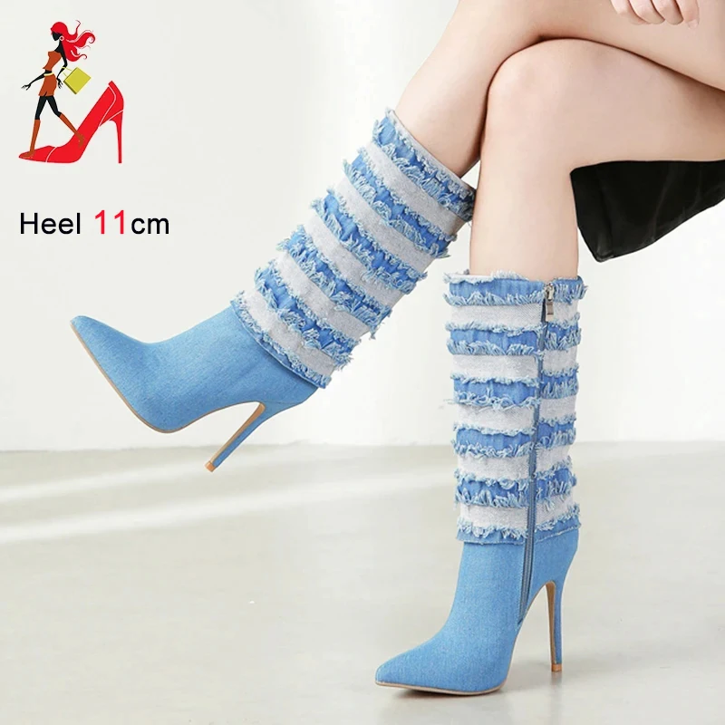 Botas-vaqueras-azules-para-mujer-zapatos-de-tac-n-alto-con-punta ...