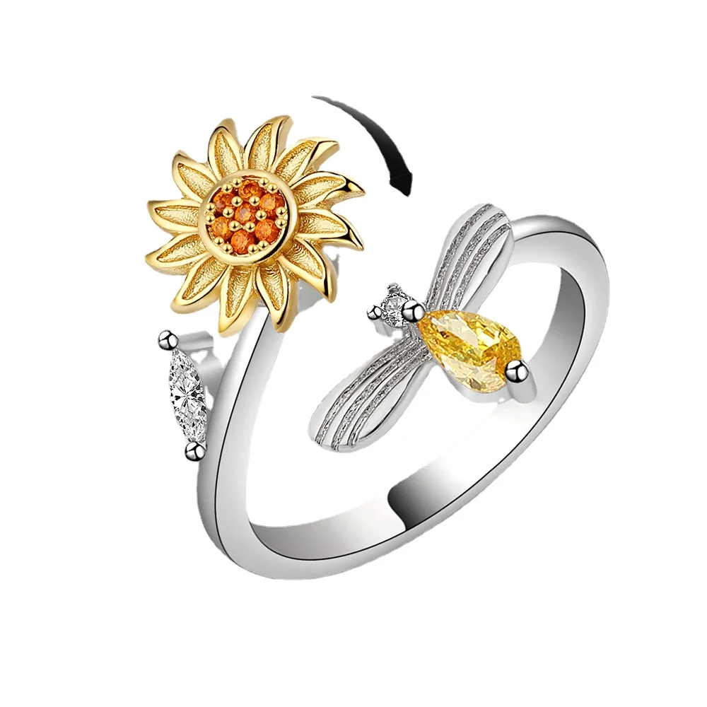 GIOIO Sunflower Rotating Ring Female Fashion Anxiety Decompression Sunflower Ring Engagement ...