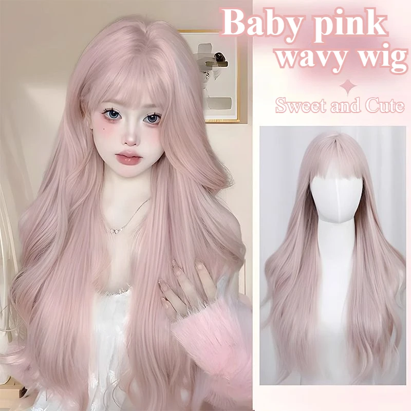 Baby pink wig for women long wavy hair wig 24inch Lolita Synthetic high ...