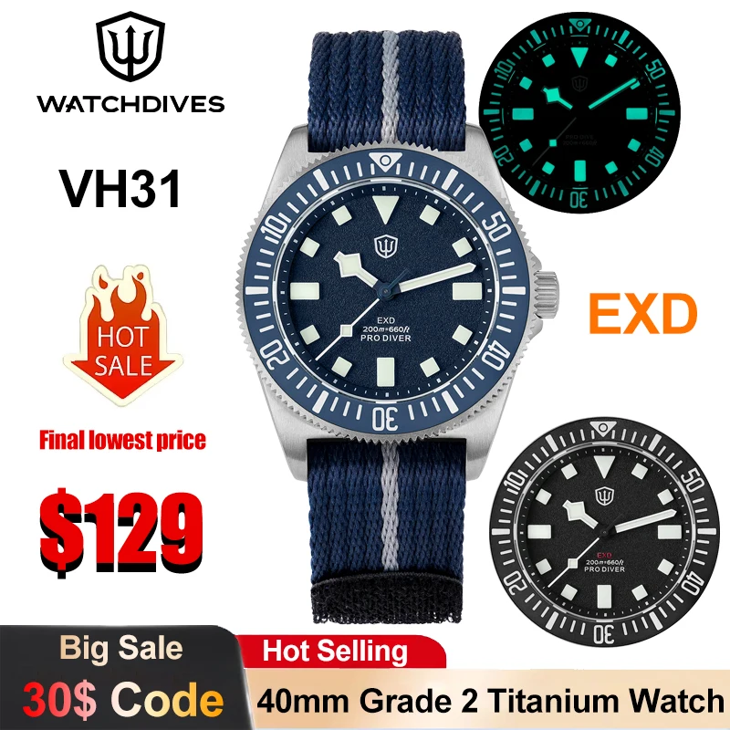 Watchdives EXD 40mm Titanium Quartz Watches VH31 Sweep Movement BGW9 ...