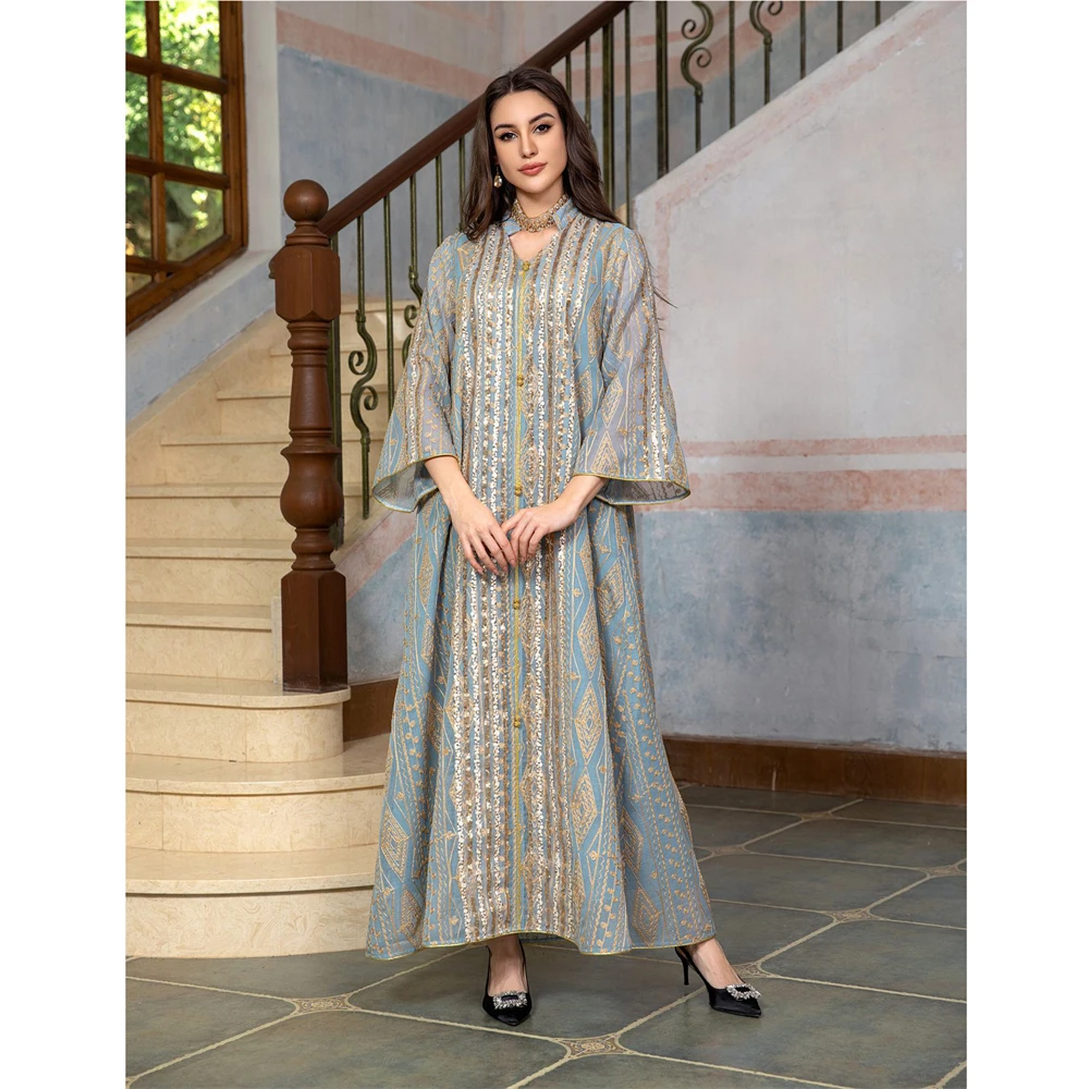 Eid Party Morocco Abaya Mesh Embroidery Muslim Women Long Maxi Dresses ...