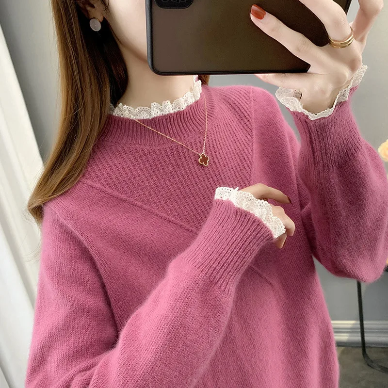 New-Half-High-Neck-Sweater-Fashion-Women-s-Pullover-Elegant-Lace-Edge ...