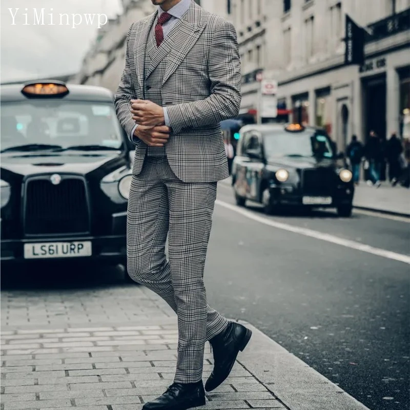 3 Piece Italian Men Suits Business Office Formal Suit Peaked Lapel ...