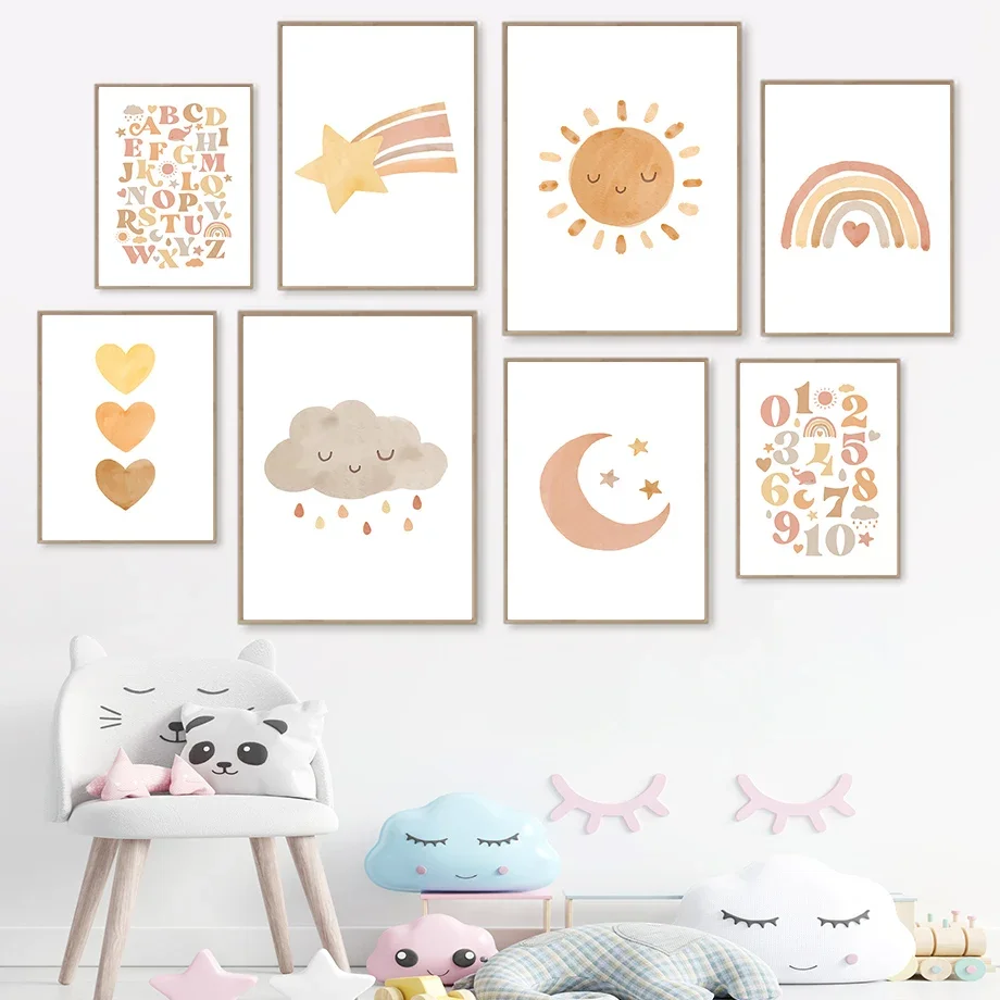 Cartoon-Numbers-English-Letters-Sun-Stars-Love-Wall-Art-Canvas-Painting ...