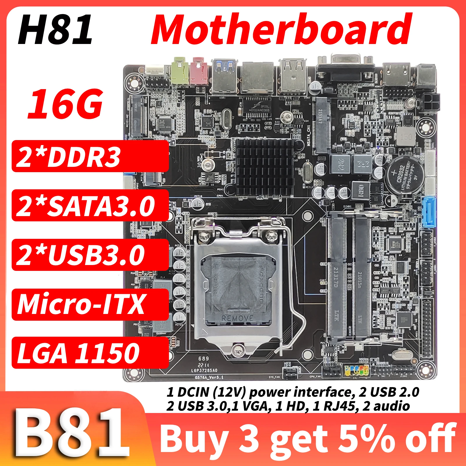 H81 Mini ITX Motherboard LGA 1150 Dual Channel DDR3L Support Core i3/i5 ...