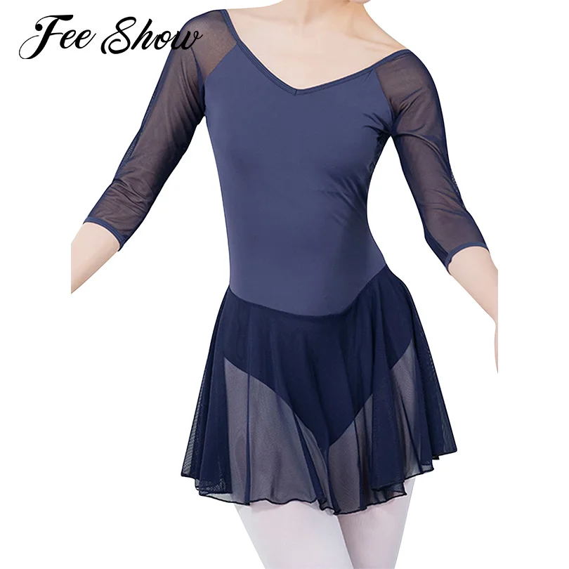 Profissional feminino ballet collants trajes dancewear 3/4 mangas sem ...