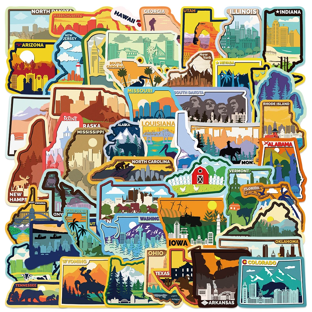 50PCS/Pack USA American 50 States Poster Travel Stickers DIY Landscape ...