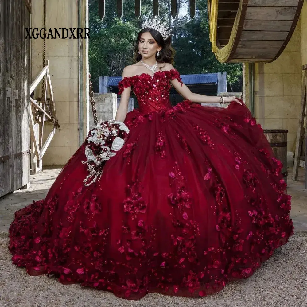 Robe-de-Rhen-dentelle-avec-fleurs-faites-la-main-robes-Quinceanera-vin ...