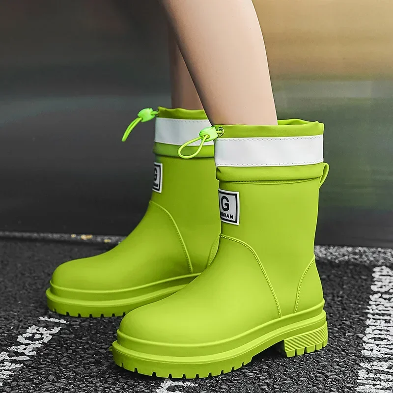 2024-New-Windproof-Rain-Boots-Women-Leather-Mid-calf-Rainboots-Fashion ...