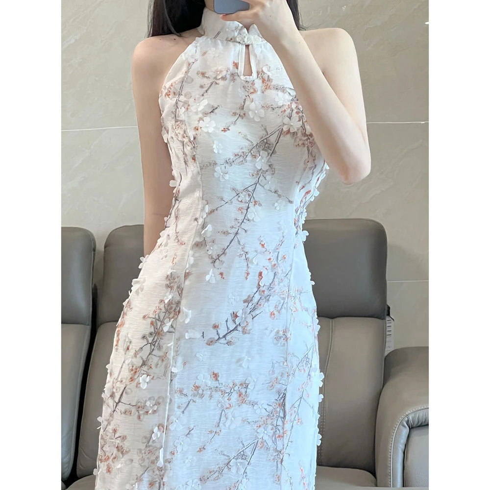 Improved Chinese-style Qipao Sleeveless Halter Neck Cheongsam Dress ...