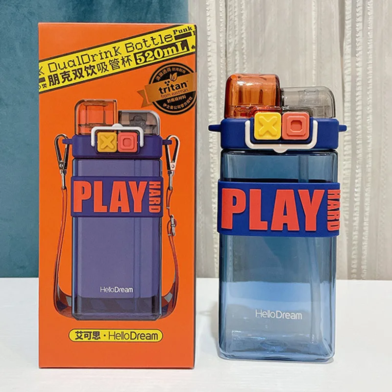 2022 1pcs New 520ml Water Bottle Creative Straw Cup Plastic Sports Kettle With Lifting Rope ...