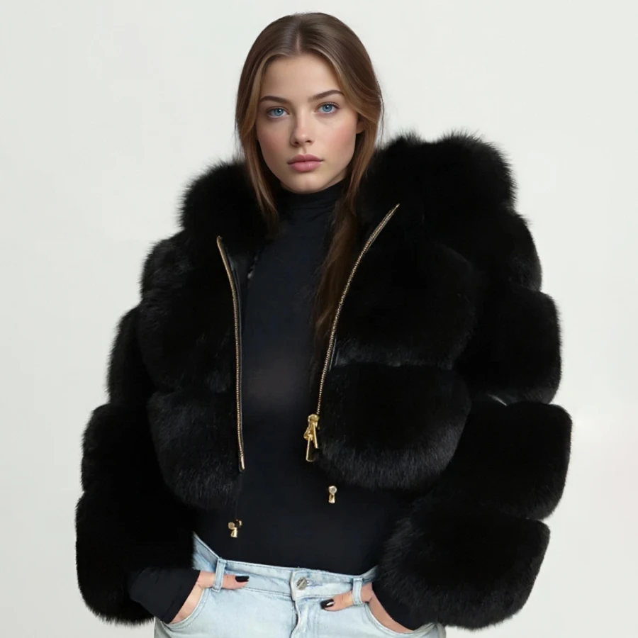 Real Fox Fur Jacket With Hood Black Natural Fox Fur Zippered Bomber ...