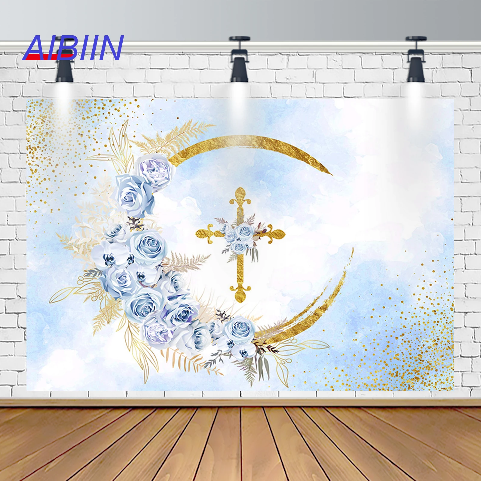 God Bless Baptism Photography Background Floral Gold Glitter Dots ...