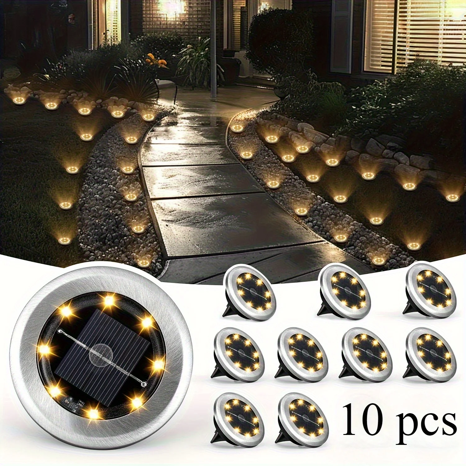 10pcs Solar-Powered 8 LEDS Ground Lights Waterproof Outdoor for Villa ...