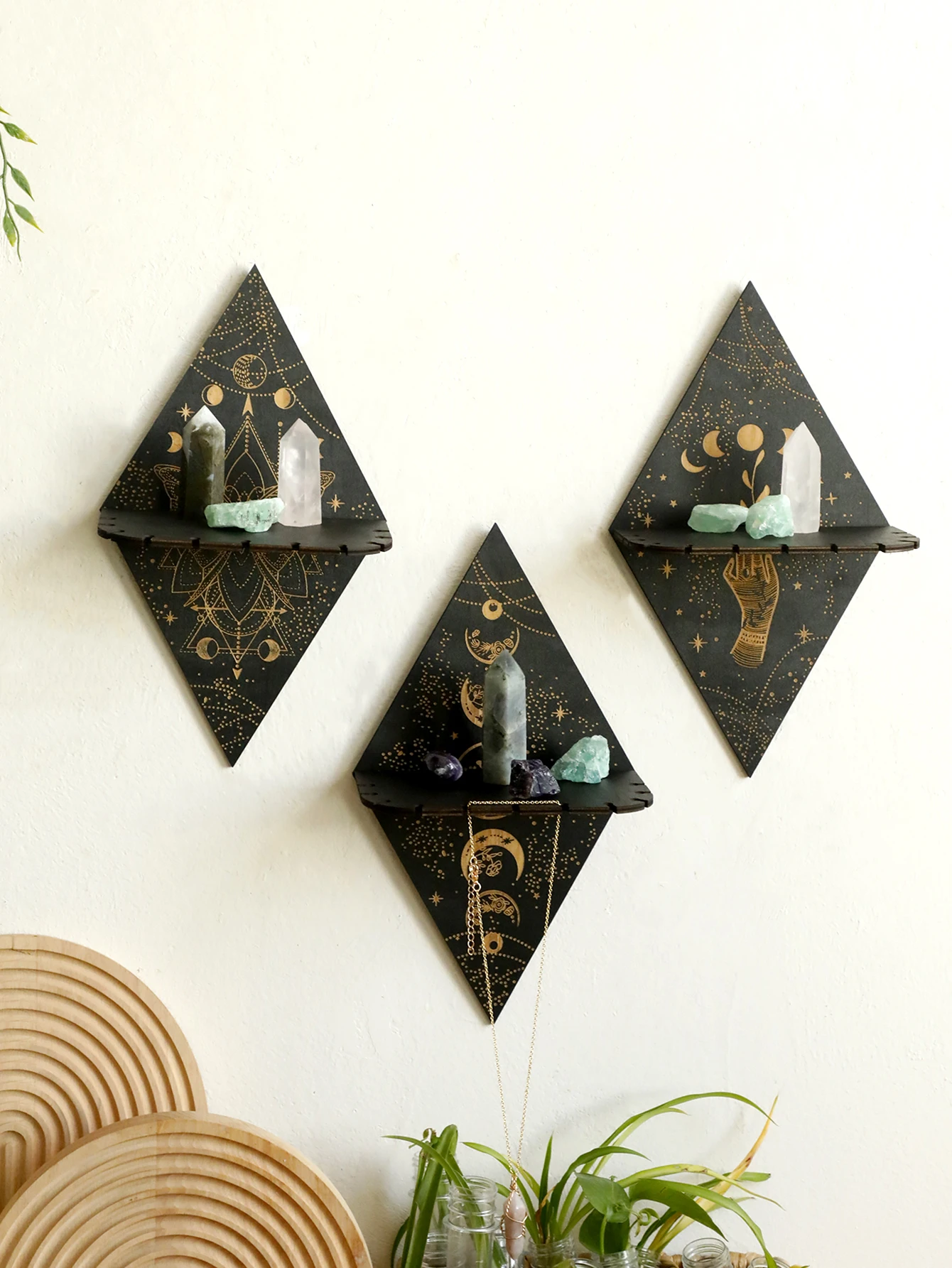 1Pc Hand of God Wall Shelves，Boho Moon Sun Rhombus Floating Wall Shelf ...