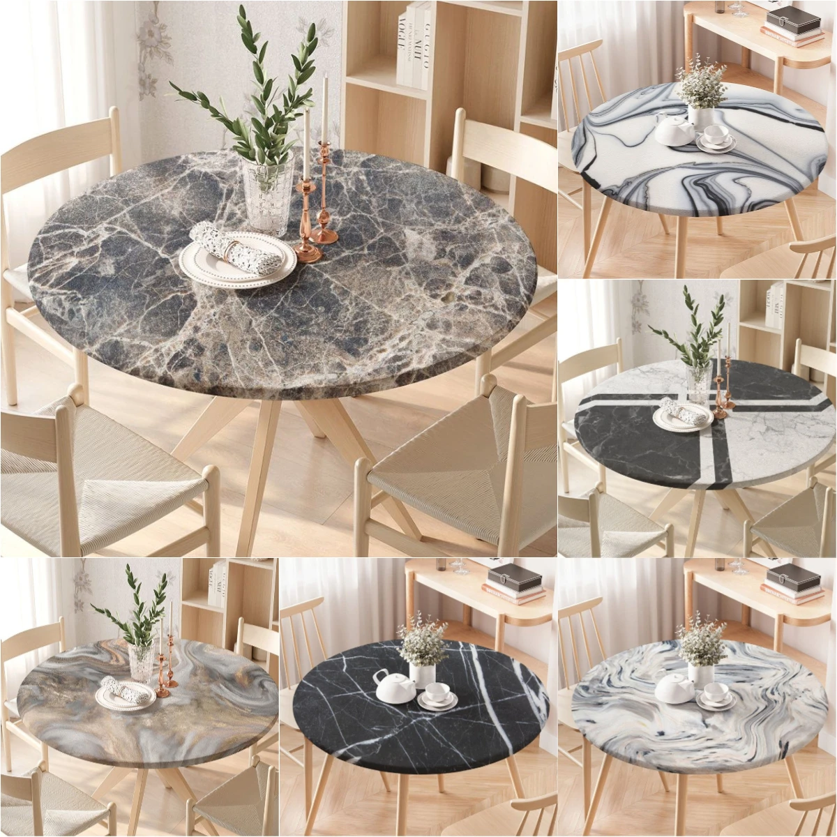 Marble-Texture-Fitted-Round-Tablecloth-Waterproof-Table-Covers-Elastic ...