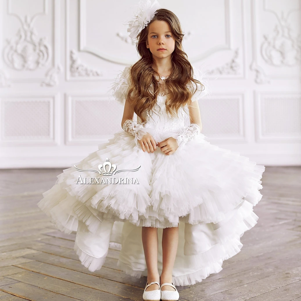 High Low Ivory Flower Girl Dresses Feathers Appliques Kids Pageant ...