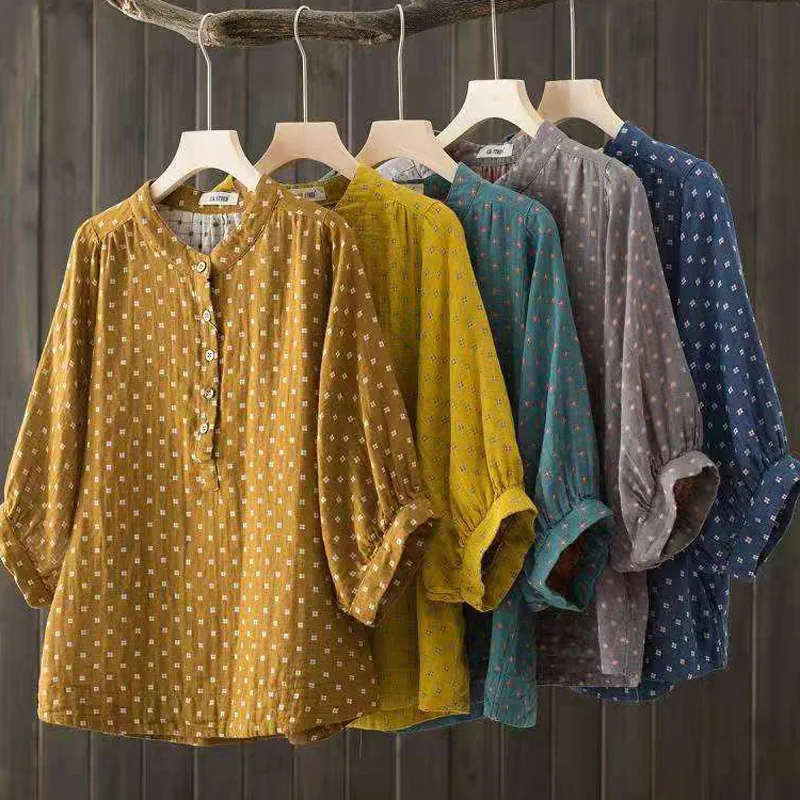 Women's blouse women Japanese cotton yarn print shirts & blouses summer ...