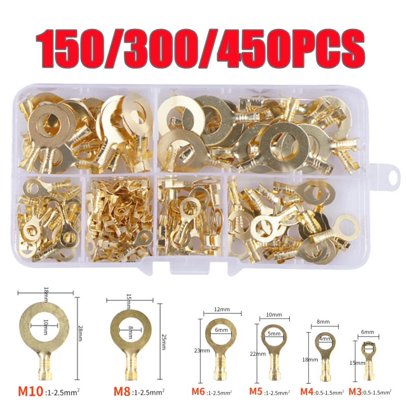 150/300/450PCS M3/M4/M5/M6/M8/M10 Ring Lugs Eyes Copper Crimp Terminals ...