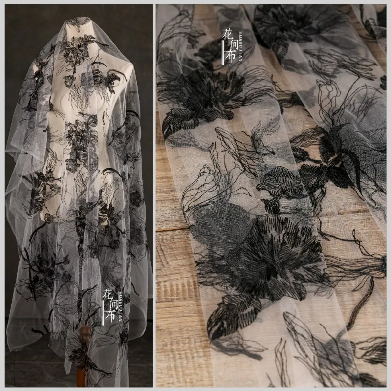 Black-Lotus-Embroidery-Pattern-Mesh-Fabric-Creative-Jacquard-Lace ...