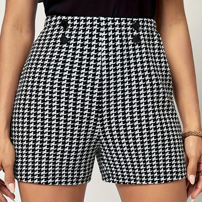 Elegant-and-Classic-Houndstooth-Elastic-Waistband-Button-Decoration ...