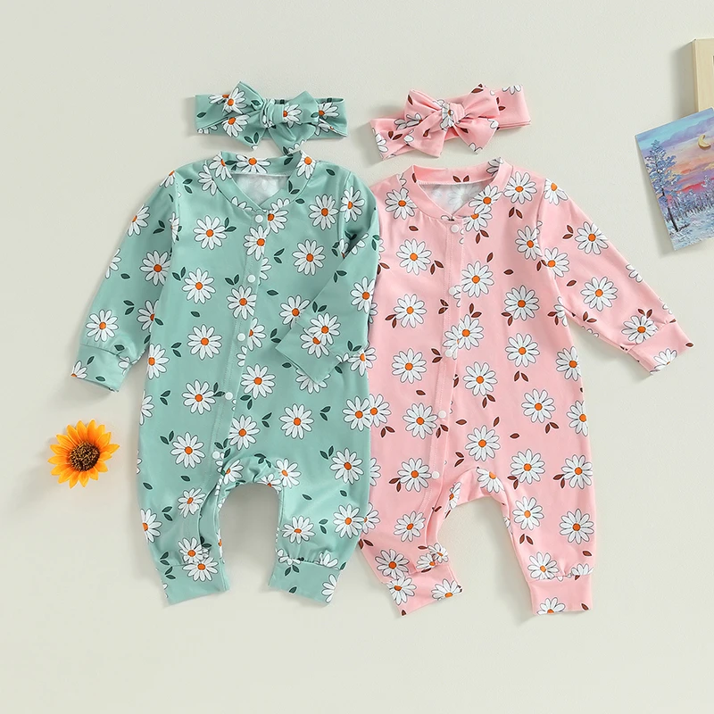 Newborn-Infant-Baby-Girls-Jumpsuits-Set-Floral-Print-Button-Long ...