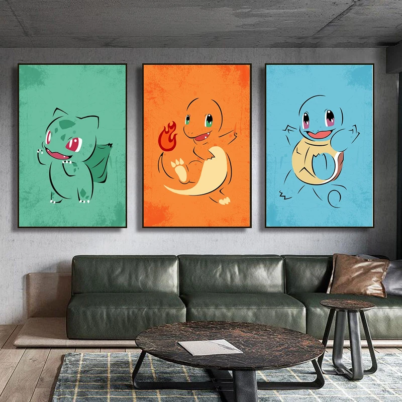 Pokemon-Pikachu-Minimalist-Wall-Art-Canvas-Painting-Bulbasaur-Squirtle ...