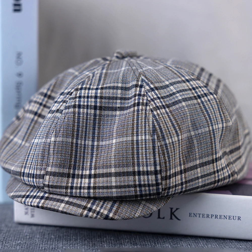 Spring Summer Linen Newsboy Cap New Gray Plaid Breathable Beret Men's ...