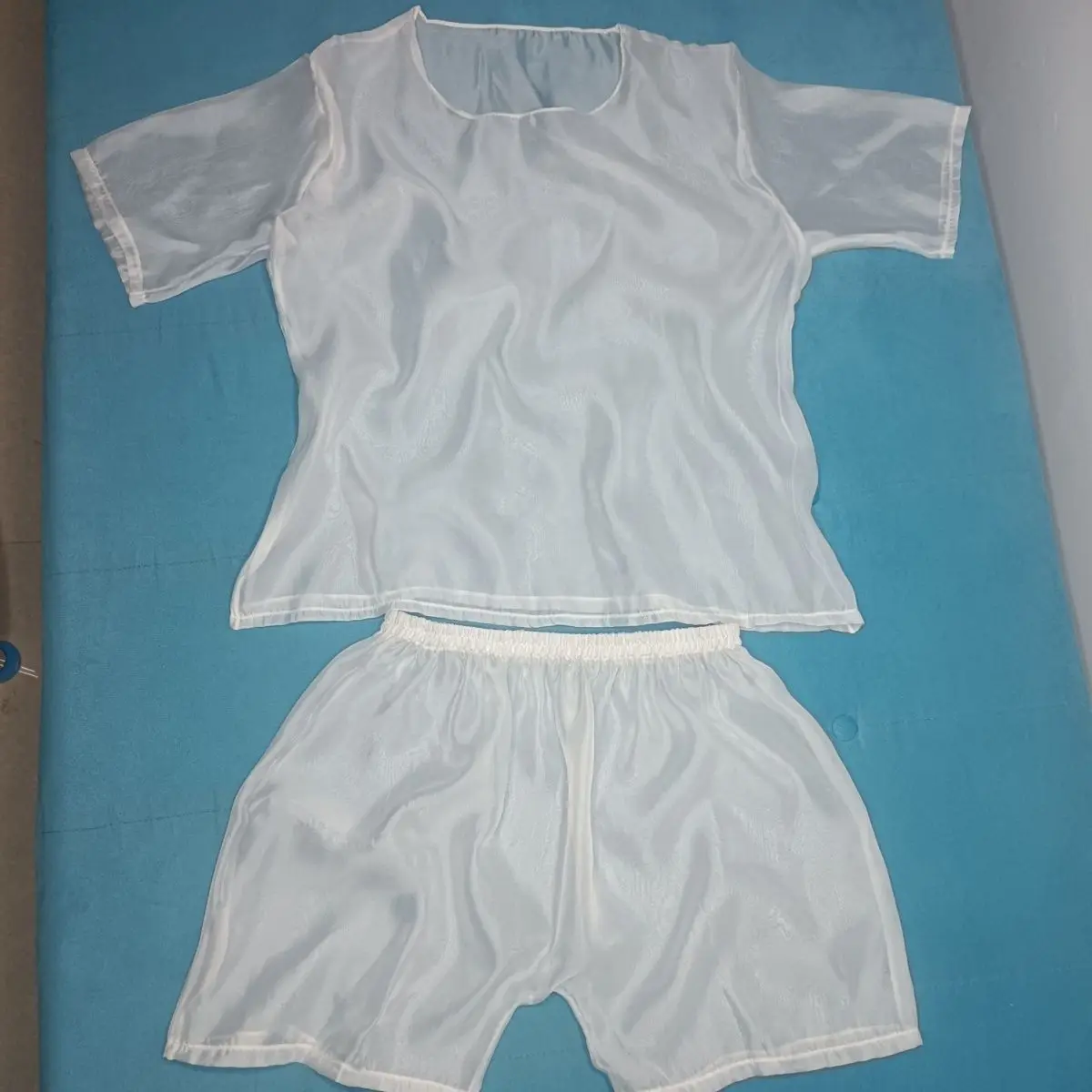 Glossy-See-Through-Sleeping-Pijama-Tops-e-Shorts-de-Manga-Curta-Ternos ...