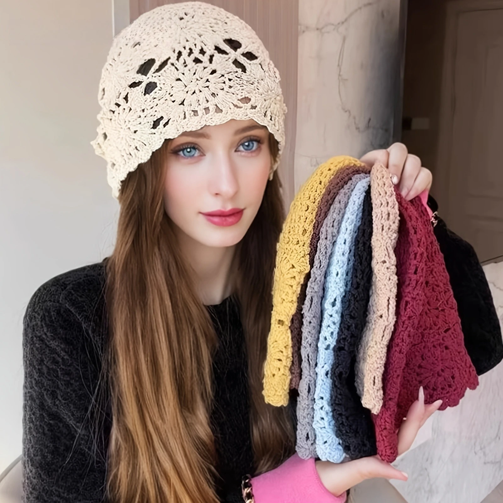 Japanese-Style Woven Pullover Cap Thin Hollowed-Out Beanies Hat for ...