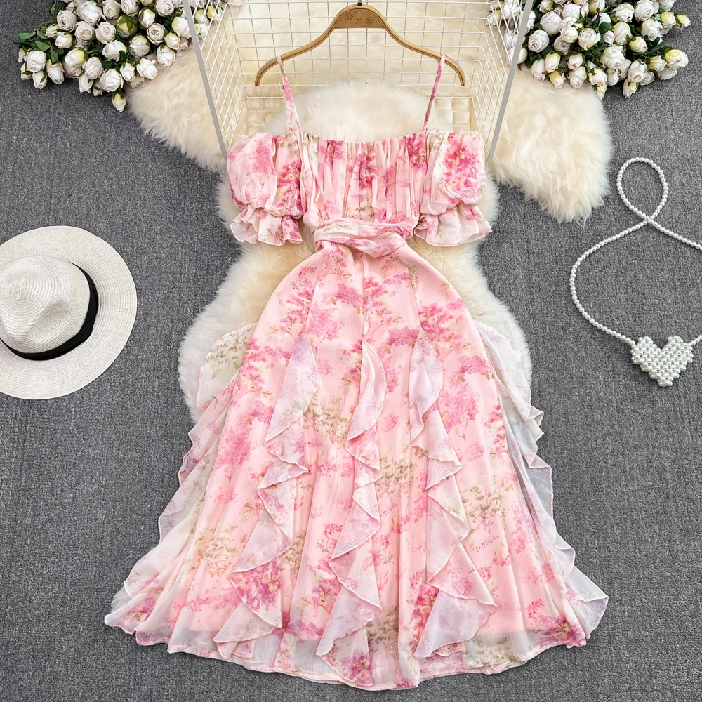 Summer-Pink-Ruffle-Dress-for-Women-Bohemian-Off-The-Shoulder-Chiffon ...