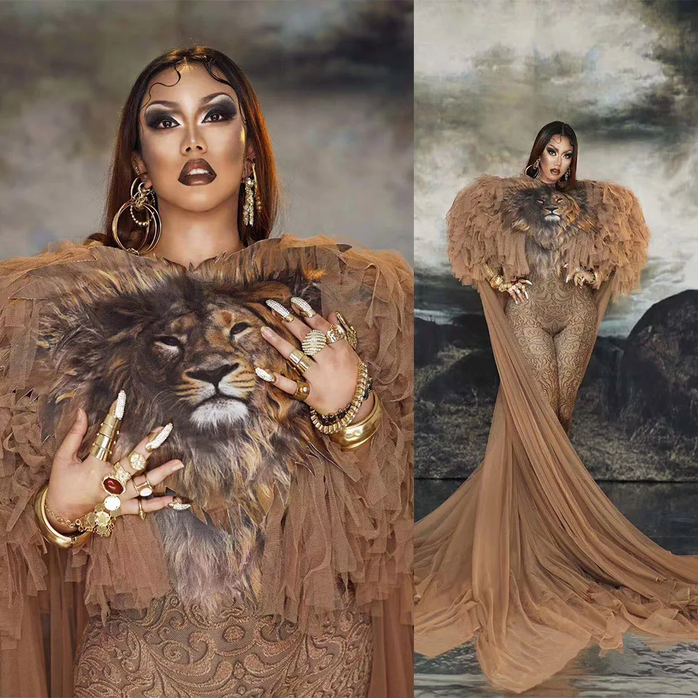 Brown-Lion-Printing-Sexy-Jumpsuits-With-Long-Gauze-Trailing-Fashion ...