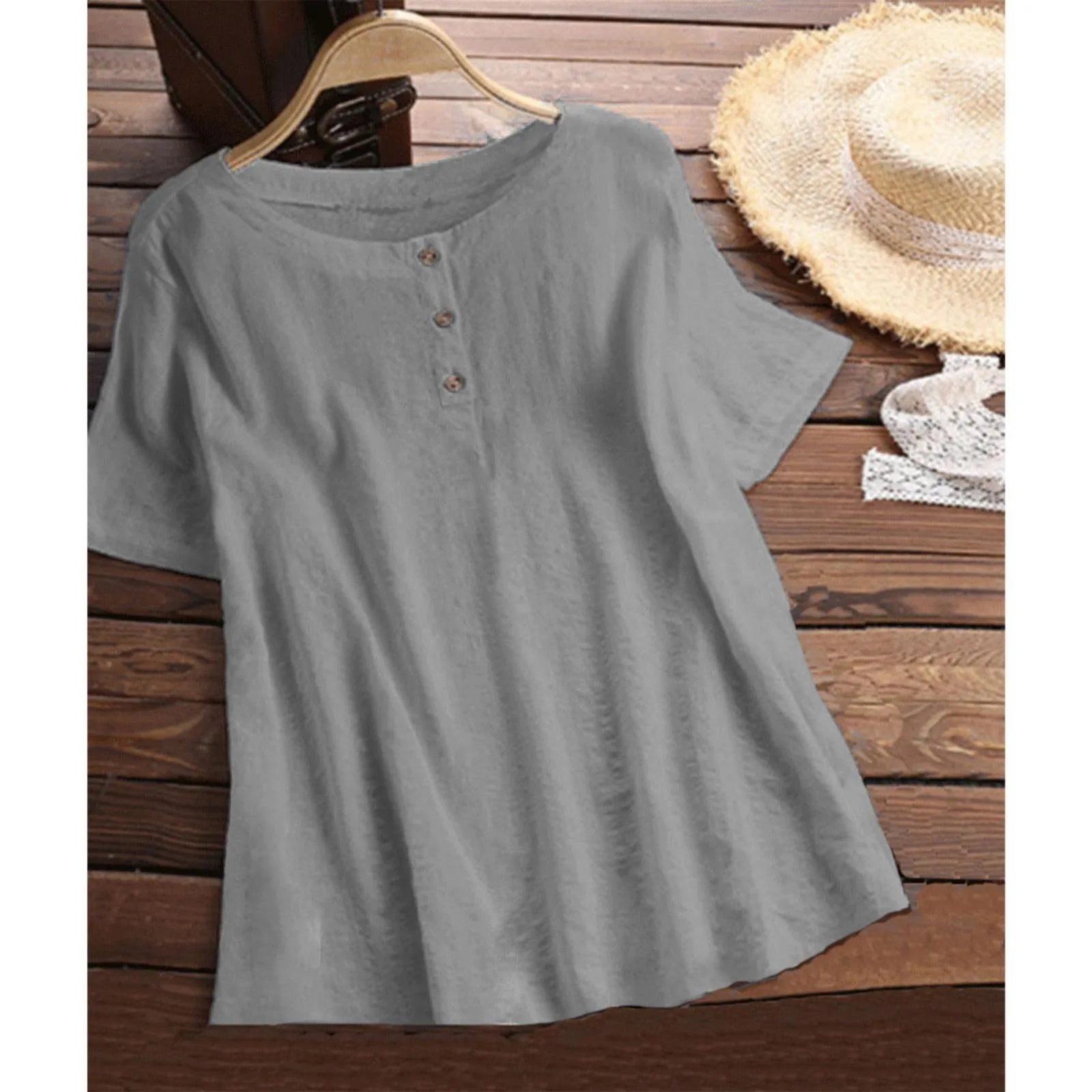 Cotton Linen Blouse Women's 2023 Summer Short Sleeve Button Solid Color ...