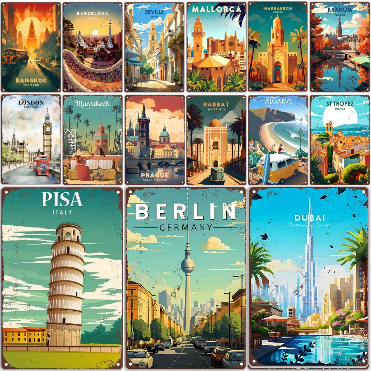 Vintage Travel Round The World Poster,ITALY,BERLIN,DUBAI Retro Metal ...