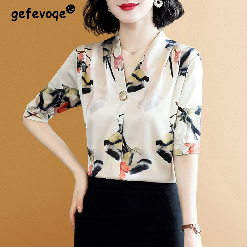 Blusa de seda estampada floral feminina, camisas elegantes com gola V ...