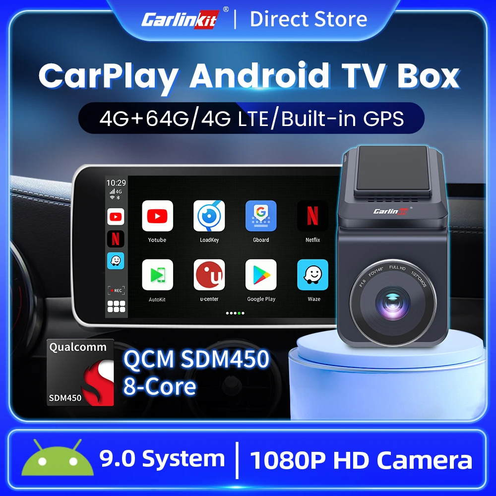 무선 카플레이 Ai 박스, 안드로이드 SDM450, 4G + 64G CarlinKit, 안드로이드 TV 박스, 4G LTE ...