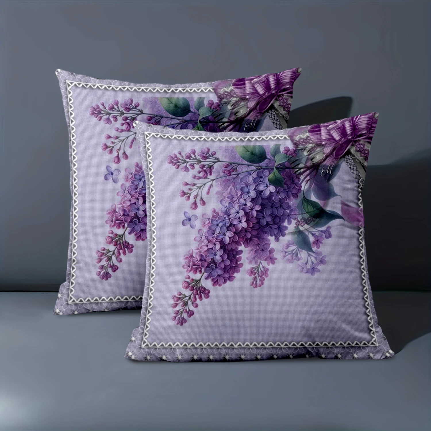 1 pieces -2D flat printing Lilac Patterned Pillow With Lace Edge Decor ...