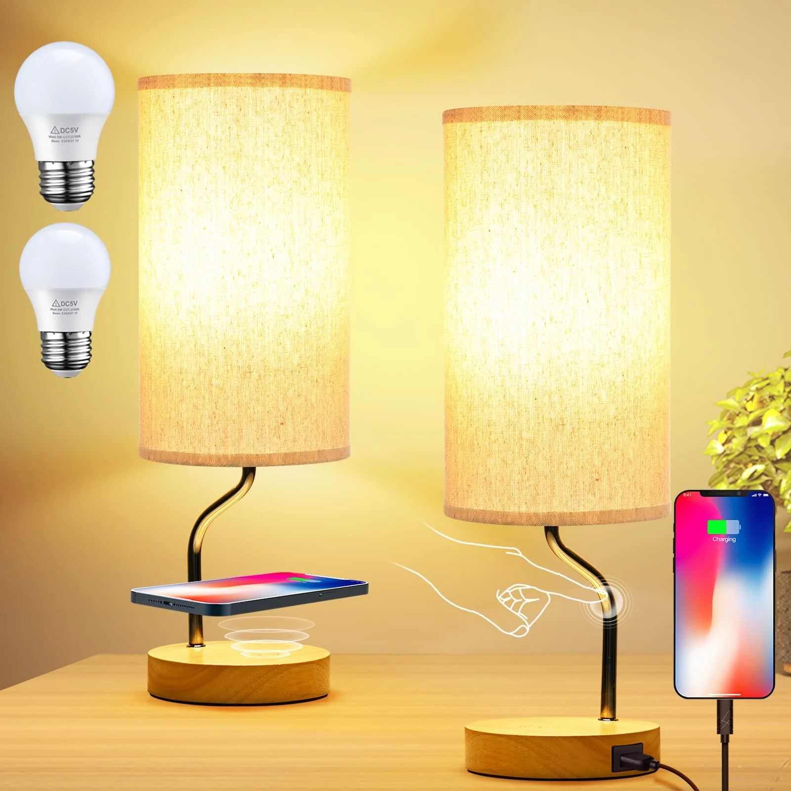 Wireless Charger Desk Lamp with USB Port Bedside Lamp Touch Control ...