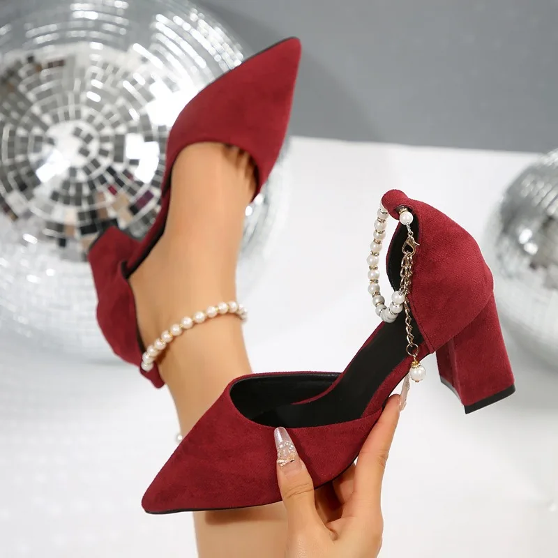 2025 New Womens Single Shoes with Pearl Chain Buckle Pointed Toe High ...