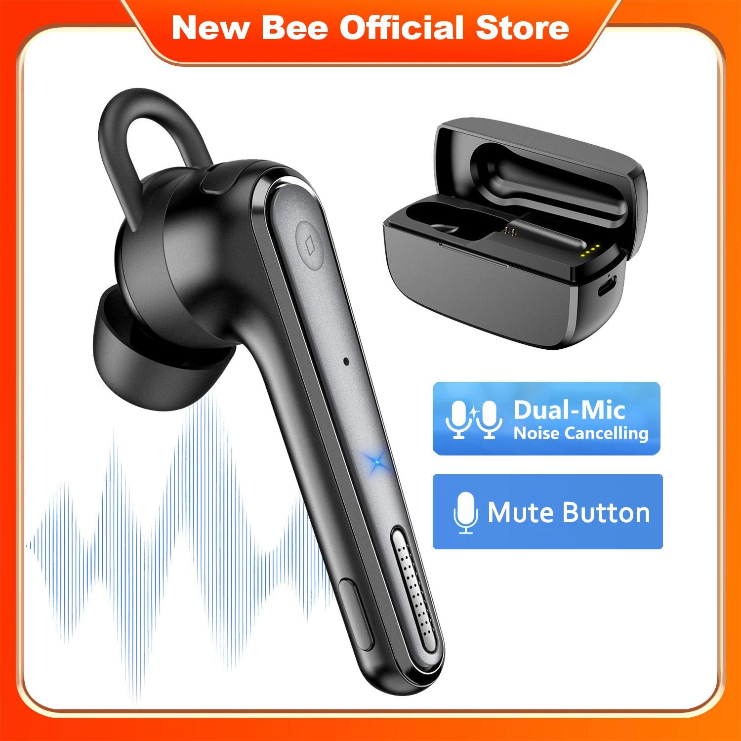 New-Bee-M52-Bluetooth-Headset-with-Dual-Mic-Mute-500mAh-Charging-Case-Wireless-Single-Ear ...