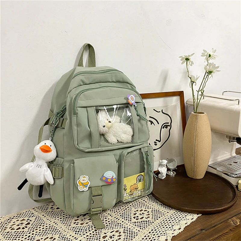 Mochila Kawaii Coreana Negro Rosa con Pines y Peluche para Mujer Niñas ...