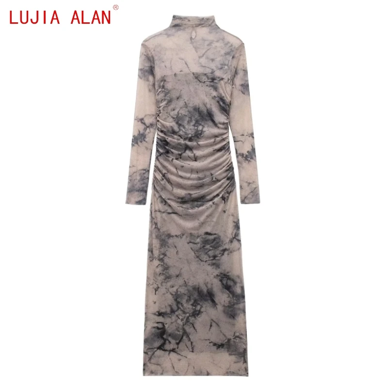 Autumn-New-Women-s-Tie-Dyed-Printed-Mesh-Midi-Dress-Female-Casual-Long ...