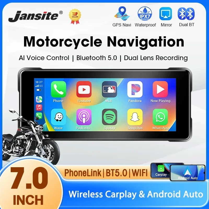 Jansite 7 inch Motorcycle DVR Navigation GPS Wireless CarPlay Android ...