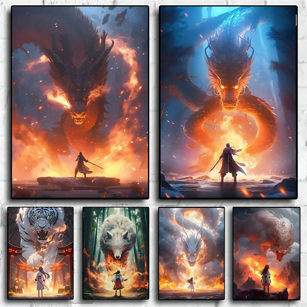 Japan-Anime-Girls-and-White-Dragon-Tiger-Wolf-Collection-Poster-Print ...